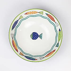 Euro Ceramica FreshCatch Collection 13-Inch Large Serving Bowl - Indoor/Outdoor Use - Colorful Cute Fish Pattern on White (FRC-86-3913)