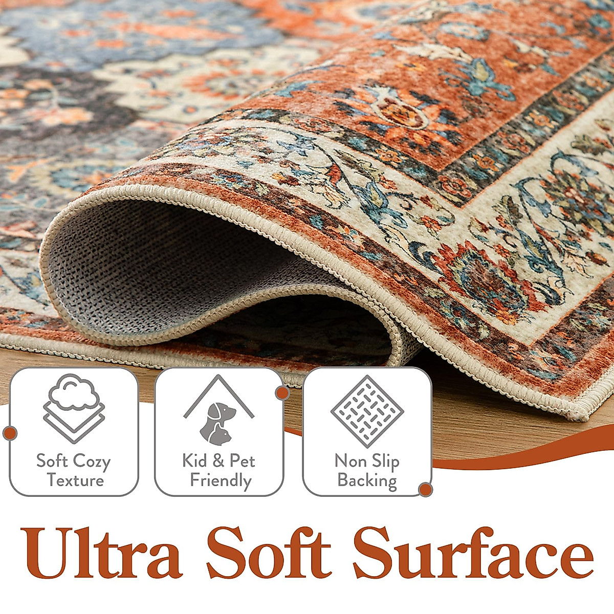 Moynesa Moroccan 8x10 Area Rug, Washable Rugs for Living Room, Bohemian Soft Large Bedroom Rug, Non Shedding Low Pile Floor Carpet for Dining Room Office Decor, Rust