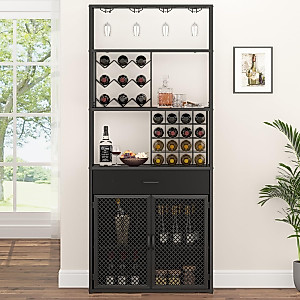 HSH Tall Bar Cabinet, Black Liquor Cabinet with Drawer, Large Modern Wine Cabinet with Storage Shelf and Wine Rack, Industrial Wood Coffee Bar Cabinet for Home Kitchen Living Room, Black Oak, 77 in