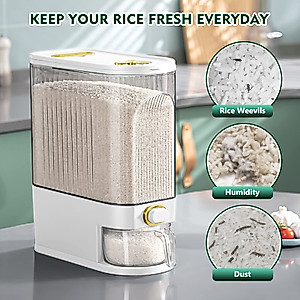 Lenwi 22 Lbs Rice Dispenser, Large Dry Food Storage Container with with Measuring Cup & Time Scale, Food Dispenser Kitchen Organization and Pantry Store for Cereal Dry Food (White)