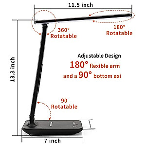 XIMI-V LED Desk Lamp with Wireless Charger, Table Lamp with Clock, Alarm, Date, Temperature, Office Lamp, Desk Lamps for Home Office (Black)