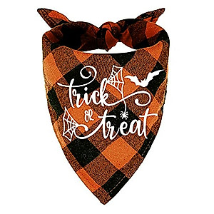 Family Kitchen Trick or Treat Bat Holiday Halloween Orange Plaid Washable Cotton Bat Pet Dog Bandana for Small Medium Large Pet Dog Cat Halloween Dog Scarf Accessories Gift