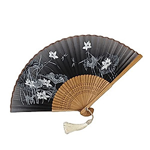Decoration Folding Fan Vintage Pattern Hand Fan Black Bamboo Silk Folding Fan Hand Held Folding Fans Chinese/Japanese Retro Style for Women Girls Elegant Hand Fan Vintage style ( Color : Black C )
