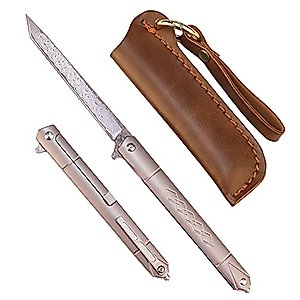 Samior GD035 Small Slim Folding Pocket Flipper Knife, 3.5 inches VG10 Damascus Tanto Blade, Grey Titanium Handle Frame Lock Pocket Clip, Sleek EDC Low Profile Gentleman's Knives