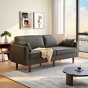 ONBRILL 75" Faux Leather Sofa Bed, Convertible Futon Sofa Bed with Adjustable Backrest, Modern Loveseat Sleeper Sofa with 2 Square Pillows & Solid Wooden Frame, Grey Couch for Living Room, Bedroom