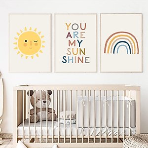 You Are My Sunshine Wall Art 3 Piece Boho Nursery Wall Art Rainbow Art Wall Decor Nursery Art Prints for Kids Room Nursery Pictures for Baby Girls Room Decor 12x16 Inch Unframed