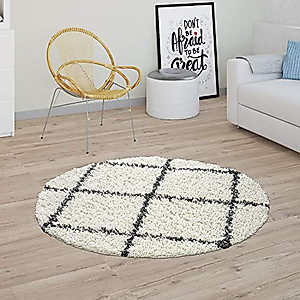 Boho Shag Rug in Cream with Modern Diamond Pattern, Scandinavian Design, Size:6'7" x 9'2"