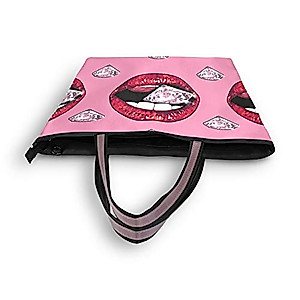 Lip Diamond Tote Bag Aesthetic, Large Capacity Zipper Women Grocery Bags Purse for Daily Life 2 Sizes