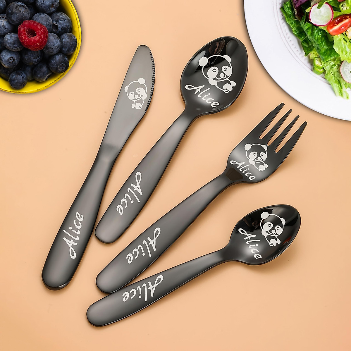 Personalized Dinosaur Unicorn Cutlery Set, Laser Engraved Custom Name Cutlery Set, Stainless Steel Kids Utensils (4 Piece), Kids Silverware Set, Unique Children's Gifts