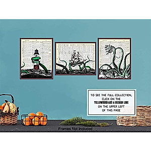Octopus Kraken Dictionary Wall Art Print Set - Upcycled Vintage 8x10 Home or Office Decor for Bathroom, Bath, Beach or Ocean House - Unique Gift for Nautical, Ocean, Sea Lover - Unframed Posters