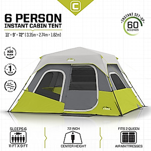 CORE 6 Person Instant Cabin Tent | Pop Up Tent with Easy 60 Second Camp Setup for Family Camping | Included Hanging Organizer for Outdoor Camp Accessories | Portable Tent for Camping with Carry Bag