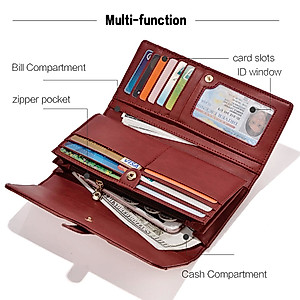 EASTNIGHTS RFID Wallets for Women Clutch Wallet Leather Trifold Wallet Credit Card Slot (wine red)
