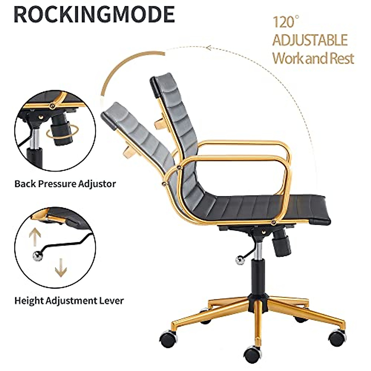 COROCC Office Desk Chair Modern Conference Room Task Chairs Leather Computer Swivel Excutive Ribbed Ergonomic Rolling Comfortable Chair for Home Office Black and Gold Chair