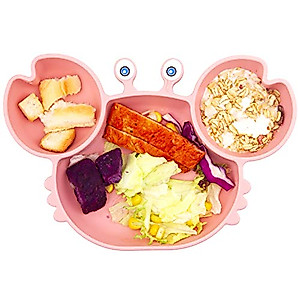 Silicone Suction Plate for Toddlers with Fork Spoon Set - Self Feeding Training Divided Plate Dish and Bowl for Baby and Toddler, Fits for Most Highchairs Trays (Pink)