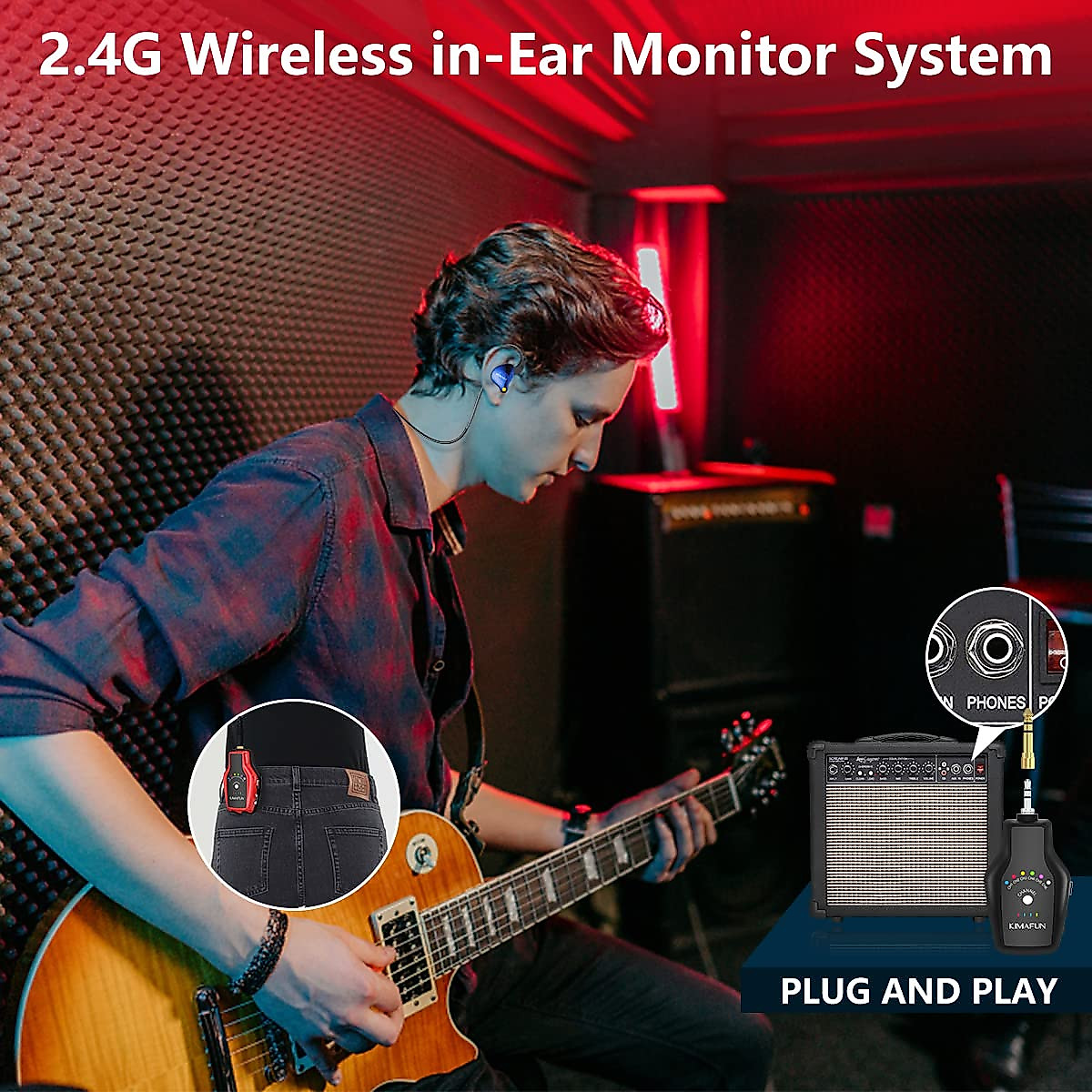 2.4G in Ear Monitor Wireless System 6 Channels Personal IEM for Studio,Rock Band Live Performance,Band Rehearsal,Guitar Amp,Bass Apm,DJ Equipment (US KM-G150-3)