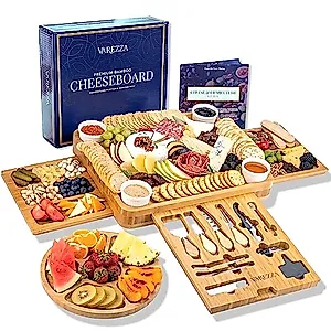 VAREZZA Bamboo Cheese Board and Knife Set Extra Large Charcuterie Board Set - Serving Board, Side Cheese Tray, Round Bamboo Fruit Cheese Platter, 23 Entertaining Accessories for House Warming Gift