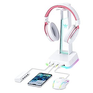 PHNIXGAM RGB Headphone Stand with 3.5mm AUX and 3 Port USB 2.0 Hub, Universal Gaming Headset Hanger Holder for Computer Gaming Gamer Accessories (White)