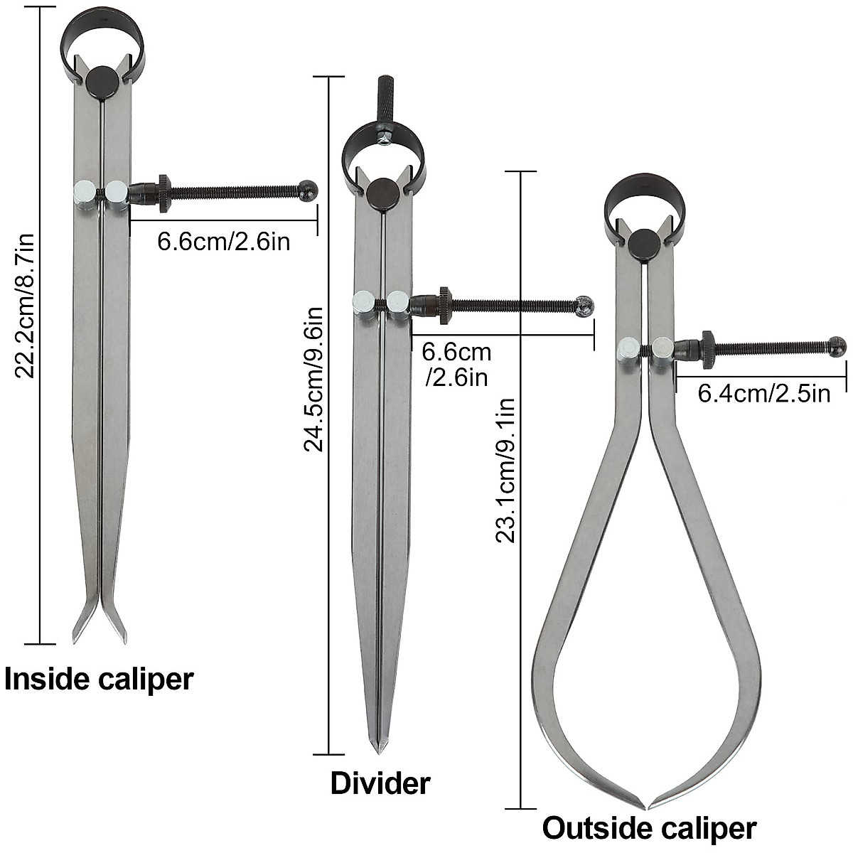 3 Piece Spring Caliper / Divider Set, 8 inches Inside Spring Outside Divider Caliper Set, Calipers Measuring Tool for Wood Turning Lathe Projects