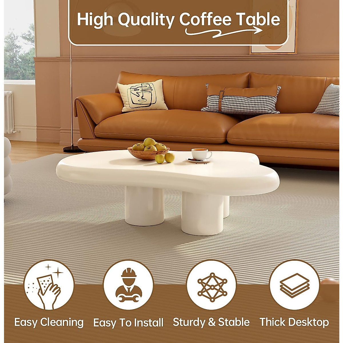 QEZEOM Cloud Coffee Table,Unique Wavy Design, Irregular Shape Living Room Coffee Table, Modern Aesthetic Cute Funky Indoor Center Table for Living Room Bedroom, 46.06in, Cream White
