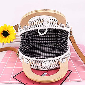 QTKJ Hand-Woven Round Rattan Wooden Handle Tote Bag Summer Beach Straw Crossbody Bag Shoulder Bag with Adjustable Leather Shoulder Strap (White)