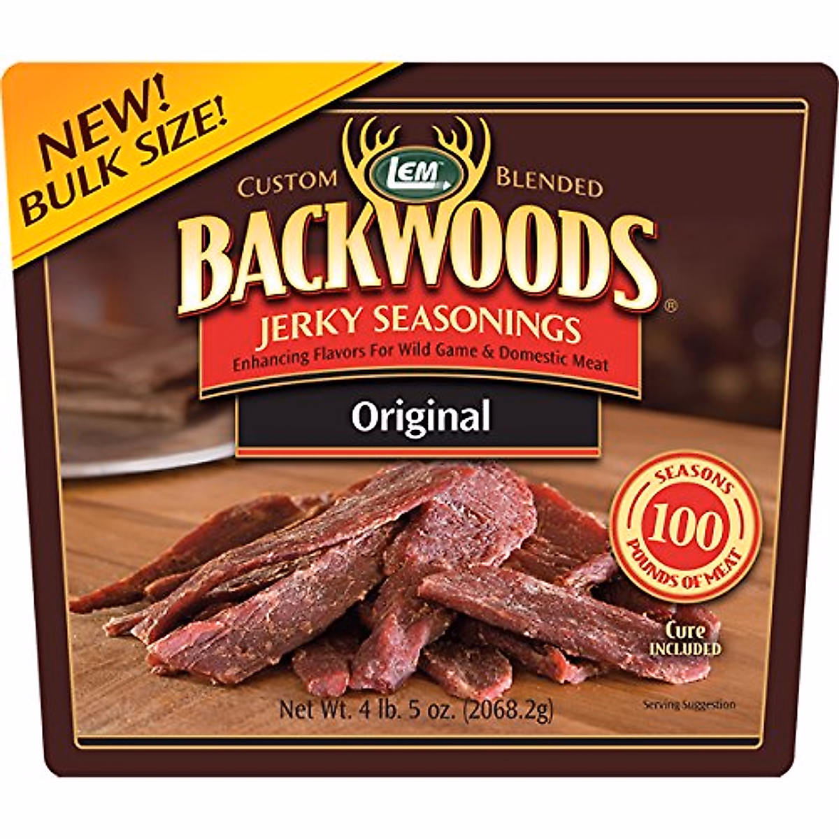 LEM Products Backwoods Original Jerky Seasoning, Ideal for Wild Game and Domestic Meat, Seasons Up to 100 Pounds of Meat, 4 Pound, 5.5 Ounce Bucket with Pre-Measured Cure Packet Included