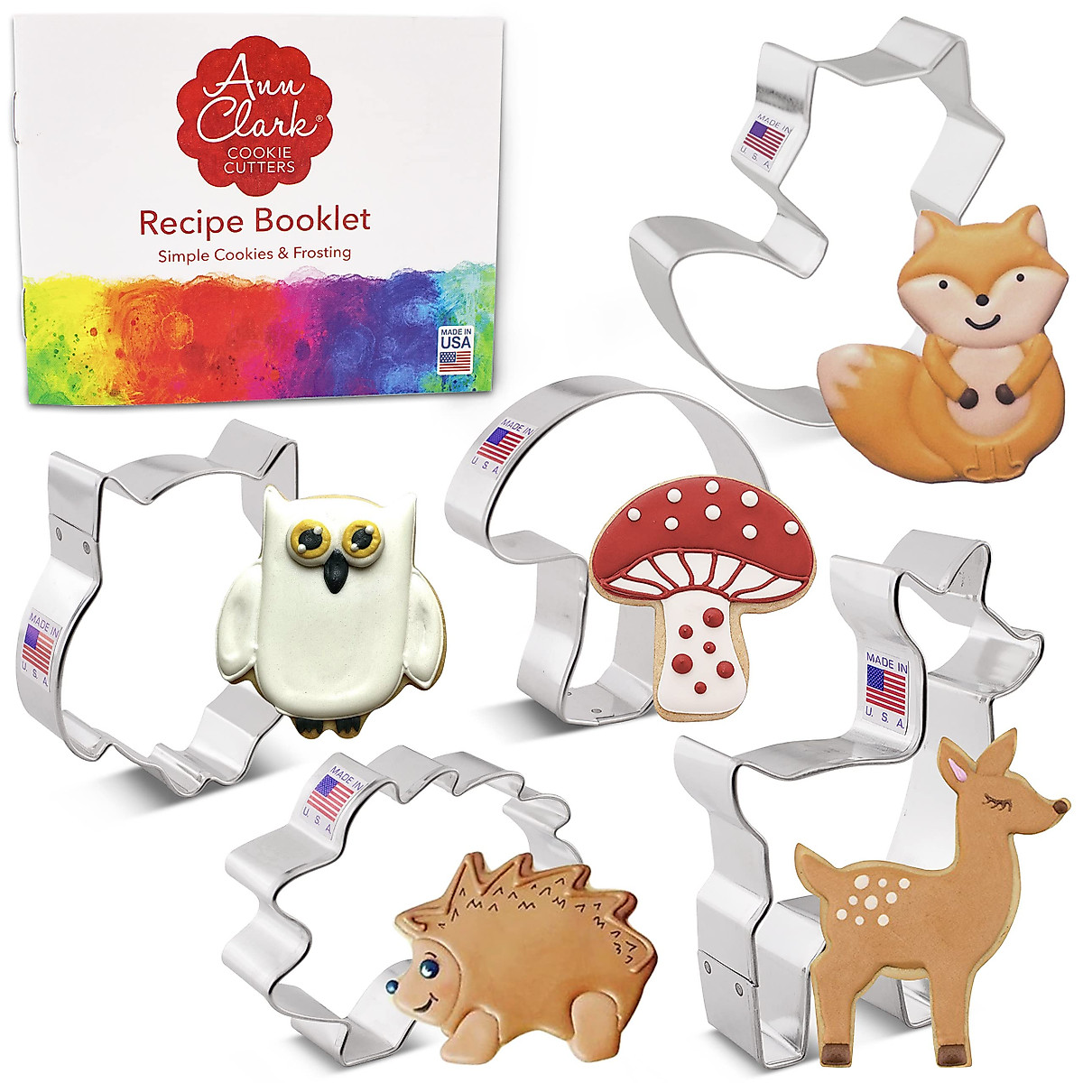 Woodland Cookie Cutters 5-Pc. Set Made in USA by Ann Clark, Fox, Deer, Owl, Hedgehog, Mushroom
