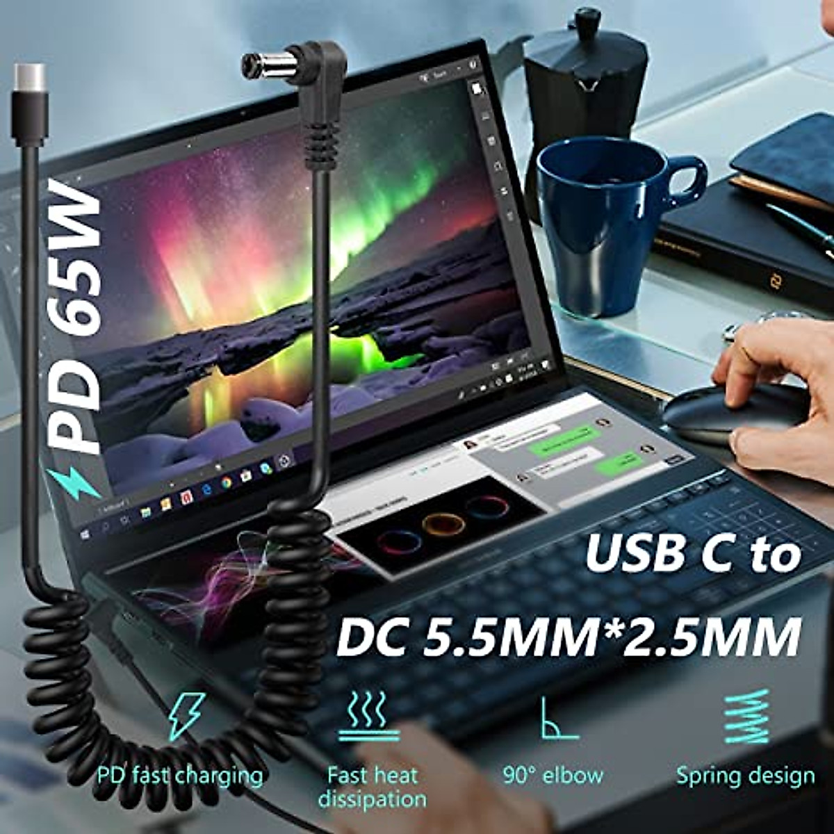 90 Degree Type C to DC Charging Cable, Type C USB C Male to DC 5.5X2.5mm Male Power Jack Notebook Charging Cable Coiled Spring Charging Cord, 12V 5A