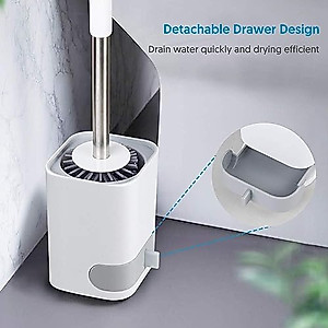 Toilet Brush and Holder Set, Bathroom Toilet Bowl Brush and Caddy Cleaner Anti Slip with Sturdy Soft Silicone Bristle Removable Water Drawer Quick Drying (White)