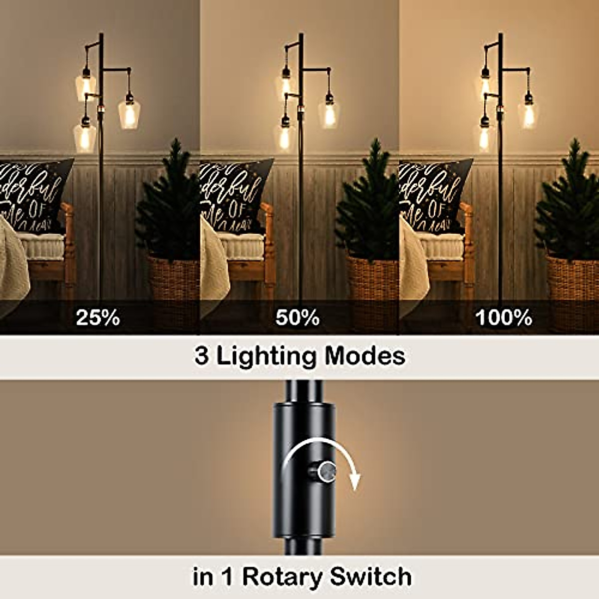 Airposta 3 Lights Industrial Floor Lamp with On/Off Dimmable Switch, 3-Head Rustic Tree Standing Lamp, 40W Retro Torchiere Floor Light for Living Room, Reading, Office, Bedroom, 2-Years Warranty