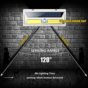 JUSLIT Solar Lights Outdoor, 144 COB LEDs Motion Sensor Light, 2 Modes Wireless Security Wall Lighting W/ 270° Wide Angle, IP65 Waterproof for Patio, Garden, Deck, Porch, Pathway, Garage (MAX 1PK)