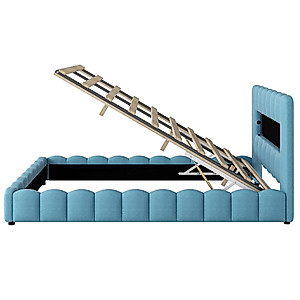 Morhome LED Lights Headboard, Platform Bed Frame Queen Size with Outlets and USB Ports, Upholstered Bed with Storage, No Box Spring Needed