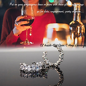 Cubic Zirconia Hoop Earrings for Women - CZ Inside-Out Open C Hoop Earrings with 14k Gold Plated Sterling Silver Post for Daily Party Wedding (Silver)