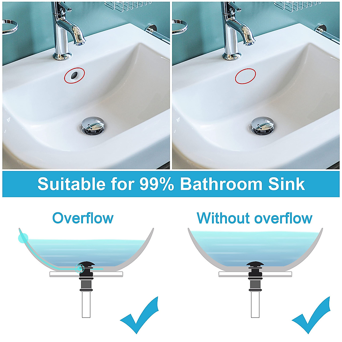 Homikit Bathroom Sink Drain, Pop Up Drain Stopper with Overflow, 18/10 Stainless Steel Drain Assembly with Detachable Anti-Clogging Strainer Basket for Vessel Lavatory Vanity Sink, Polished Chrome