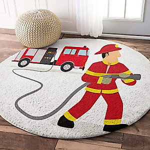 Shag Area Rug, 4ft Indoor Round Area Rugs- Fire Truck and Firefighters Shaggy Carpet Nursery Rug for Kids Baby Bedroom Living Room Home Decor