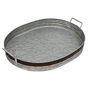 SOFE Oval Galvanized Metal Tray, Farmhouse Round Tray with Handles, Large Serving Tray Decorative and Rustic Candle Holder Tray, Coffee Table Tray Centerpieces for Dining Room、Living、Kitchen
