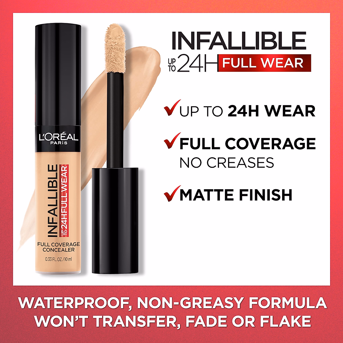 L’Oréal Paris Makeup Infallible Full Wear Waterproof Matte Concealer, Full Coverage, Biscuit, 0.33 fl. oz.