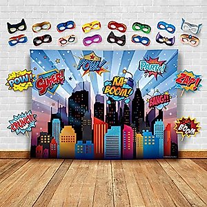 Wonder Woman and Other Superheroes Cityscape Photography Backdrop, Studio Props & Mask. Great as Super Hero City Photo Booth Background – Girl Birthday Party & Event Decorations