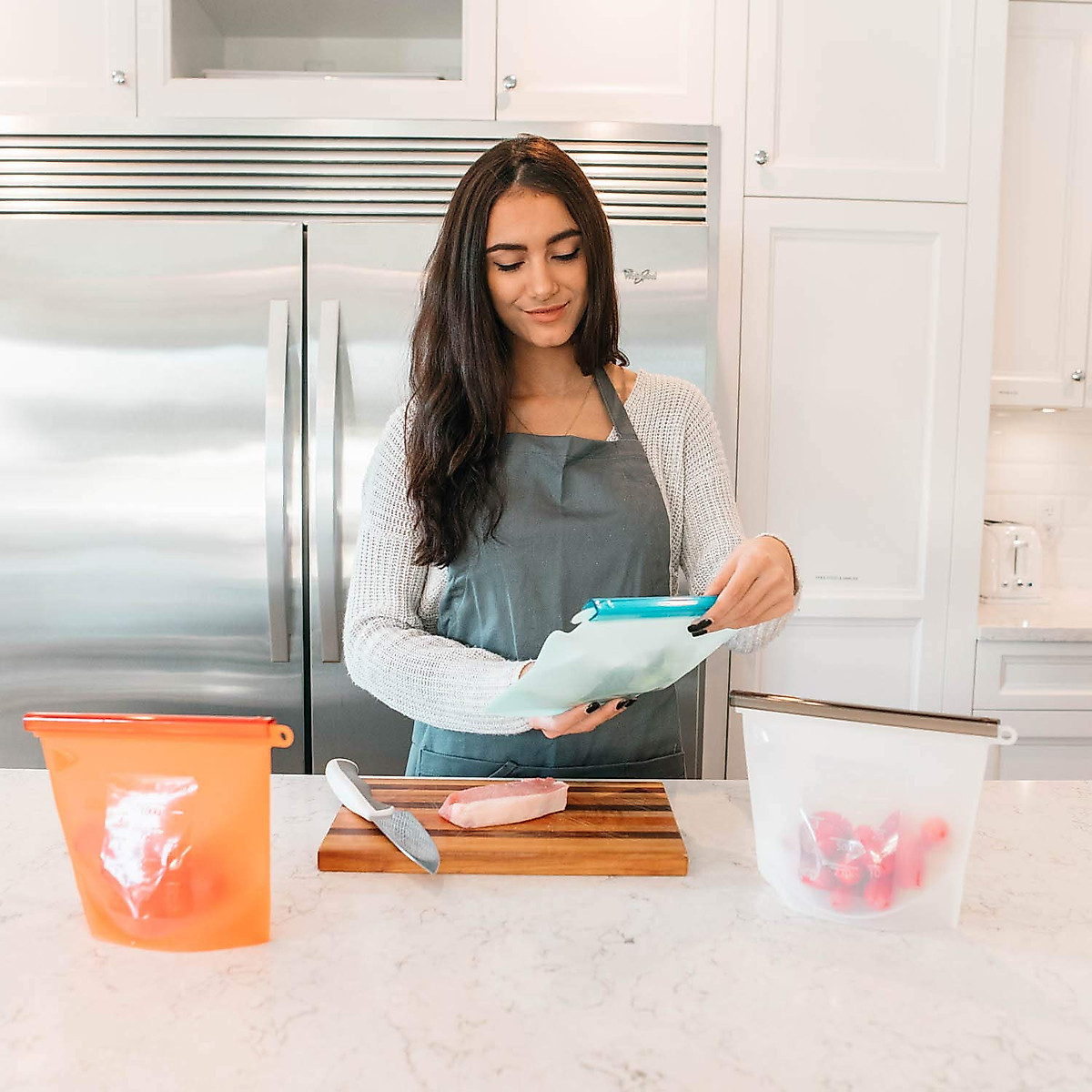 Reusable Food Storage Bags (9 Pieces) Dishwasher Safe Silicone Bags; Silicone Food Bag in Reusable Zip Style — Microwave Safe Reusable Snack Bags/Reusable Freezer Bags — Bags for Sous Vide