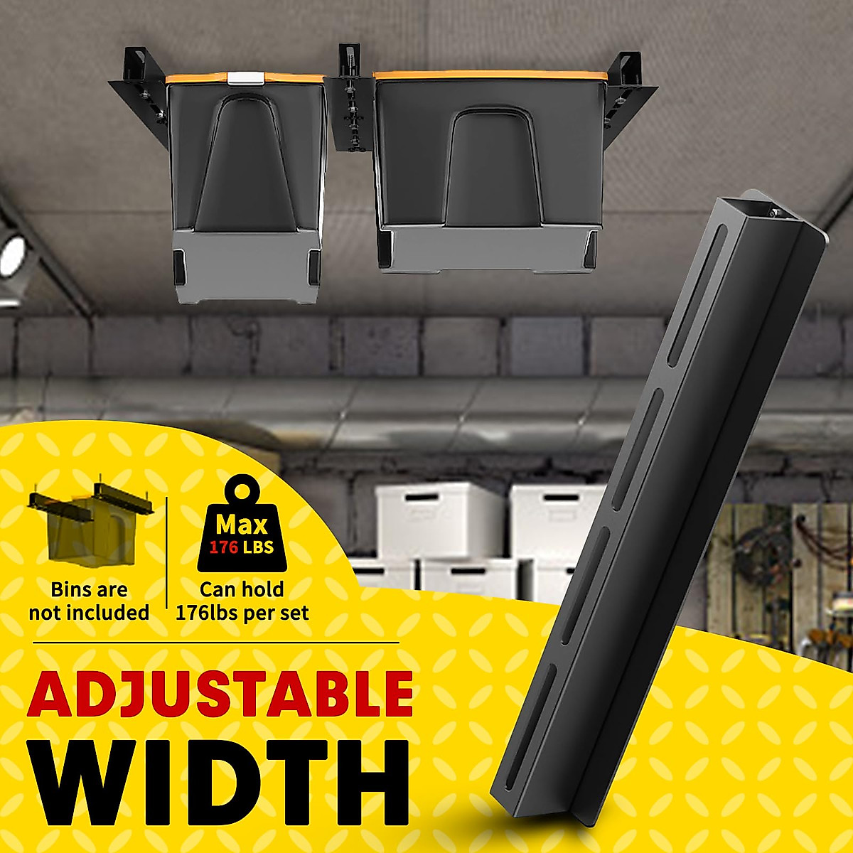 Dtructiew Overhead Garage Storage Rack,Adjustable Hanging Storage Racks for Garage,Heavy Duty Bins Garage Ceiling Storage Racks,17" Garage Tote Storage Organization System (3 Packs, for 2 Bins)