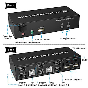 KVM Switch Dual Monitor DisplayPort 4K@60Hz Extended Display, Displayport 1.2 KVM Switch 2 in 2 Out with Audio Microphone Output and 3 USB 2.0 Hub 2 Monitors 2 Computers kvm Switch
