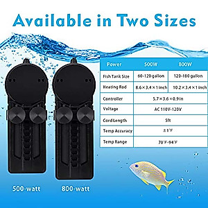 hygger Fast Heating Titanium Aquarium Heater with LED Digital Temp Controller 800W Submersible Fish Heater for 120-180 Gallon Freshwater Tank
