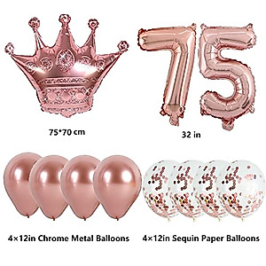 KUNGOON 75th Birthday Balloon,Rose Gold Number 75 Mylar Balloon,Funny 75th Birthday/Wedding Anniversary Crown Aluminum Foil Balloon Decoration for Women/Men.