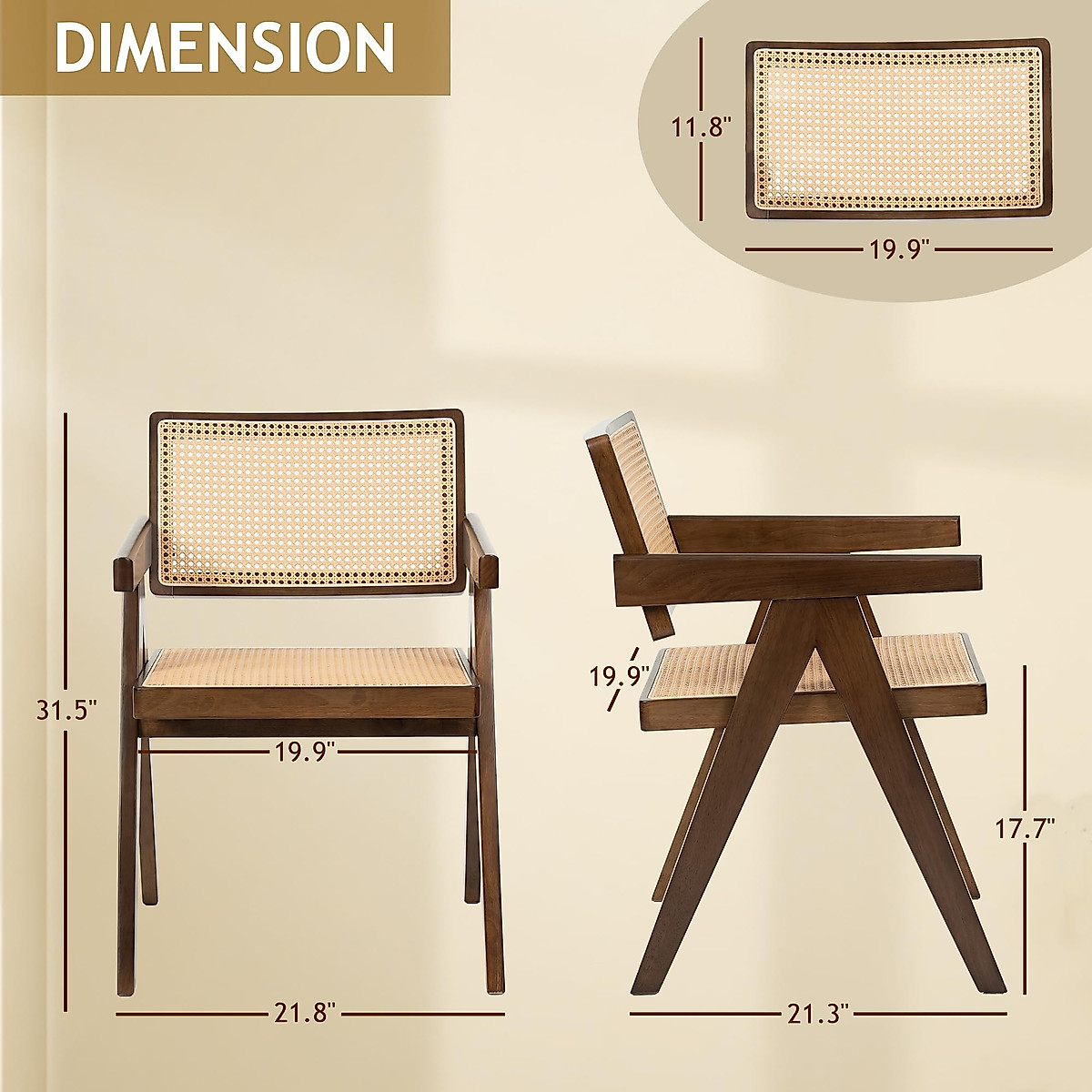 THEETHUNG Rattan Dining Chairs Set of 4, Cane Kitchen Chairs Woven Chairs Boho Solid Wood Frame Armchair Mid Century Modern Side Chairs for Dining Room Living Room Bedroom, Walnut