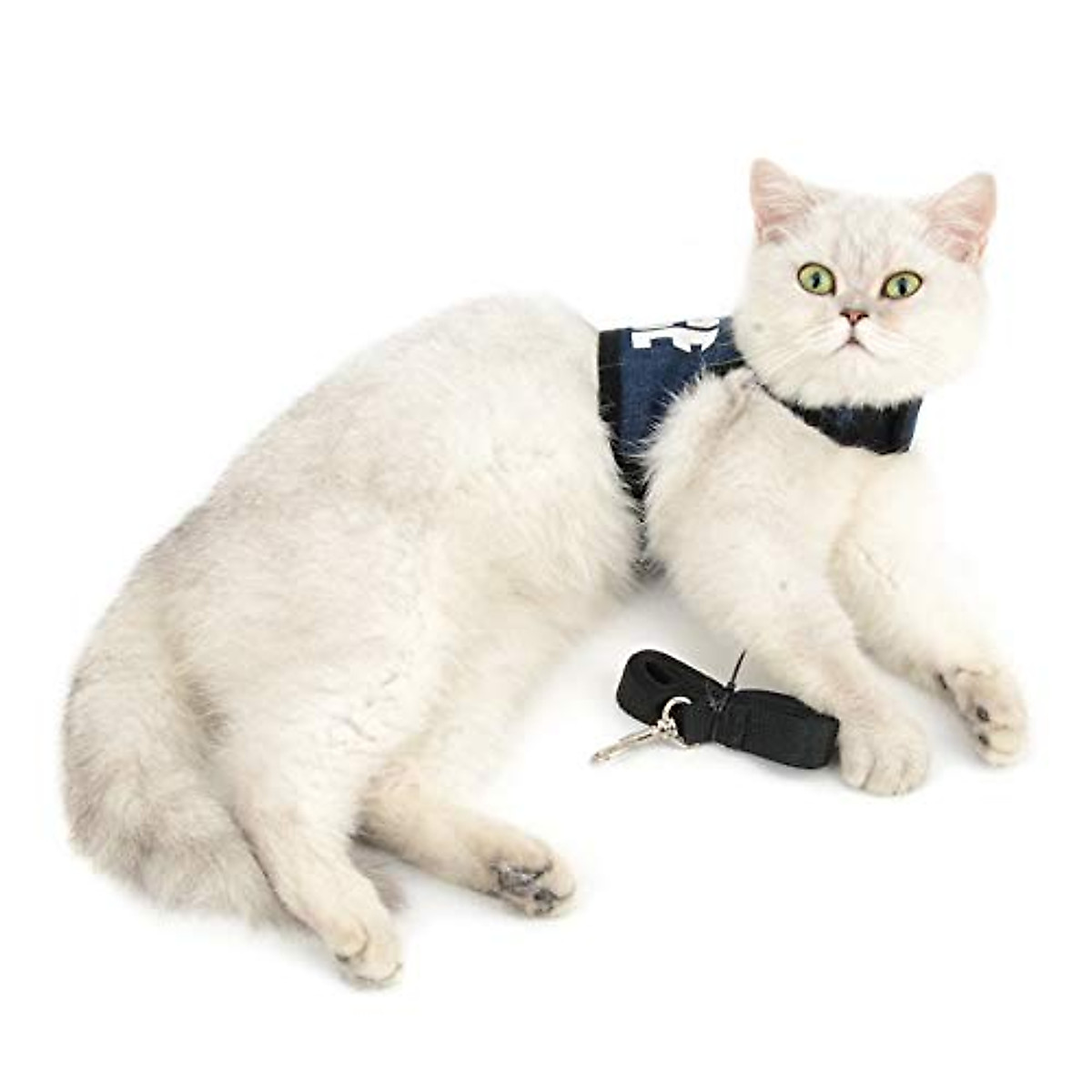 SMALLLEE_LUCKY_STORE Police Print Soft Mesh Denim Cat Harness and Leash Set for Walking Escape Proof Adjustable No Pull Choke Boy Small Puppies Kitten Rabbit Dog Harness Vest, Dark Blue L