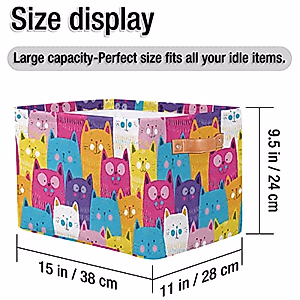 Rectangular Cats Baskets, Kitten Girls Storage Bins Kids Storage Basket with PU Leather Handles Cute Baskets Clothes Toys Box Books Baskets Gifts Baskets for Closet Shelf Nursery Bedroom 15x11x9.5 In