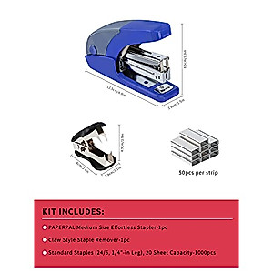 PAPERPAL Effortless Standard Stapler Set, 20 Sheet Capacity, Half Strip, Built-in Staples Storage, Holds 1/4" Staples, Includes 1000 Staples and A Staple Remover, Office, School & Daily Use, Dark Blue