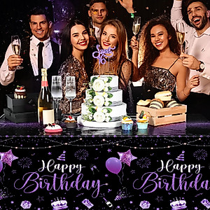 Tudomro 3 Pcs Happy Birthday Tablecloths Happy Birthday Decorations Plastic Table Cover Rectangular Cloths for Women Men Baby Shower Birthday Party Supplies, 108 x 54 Inch (Black Purple)