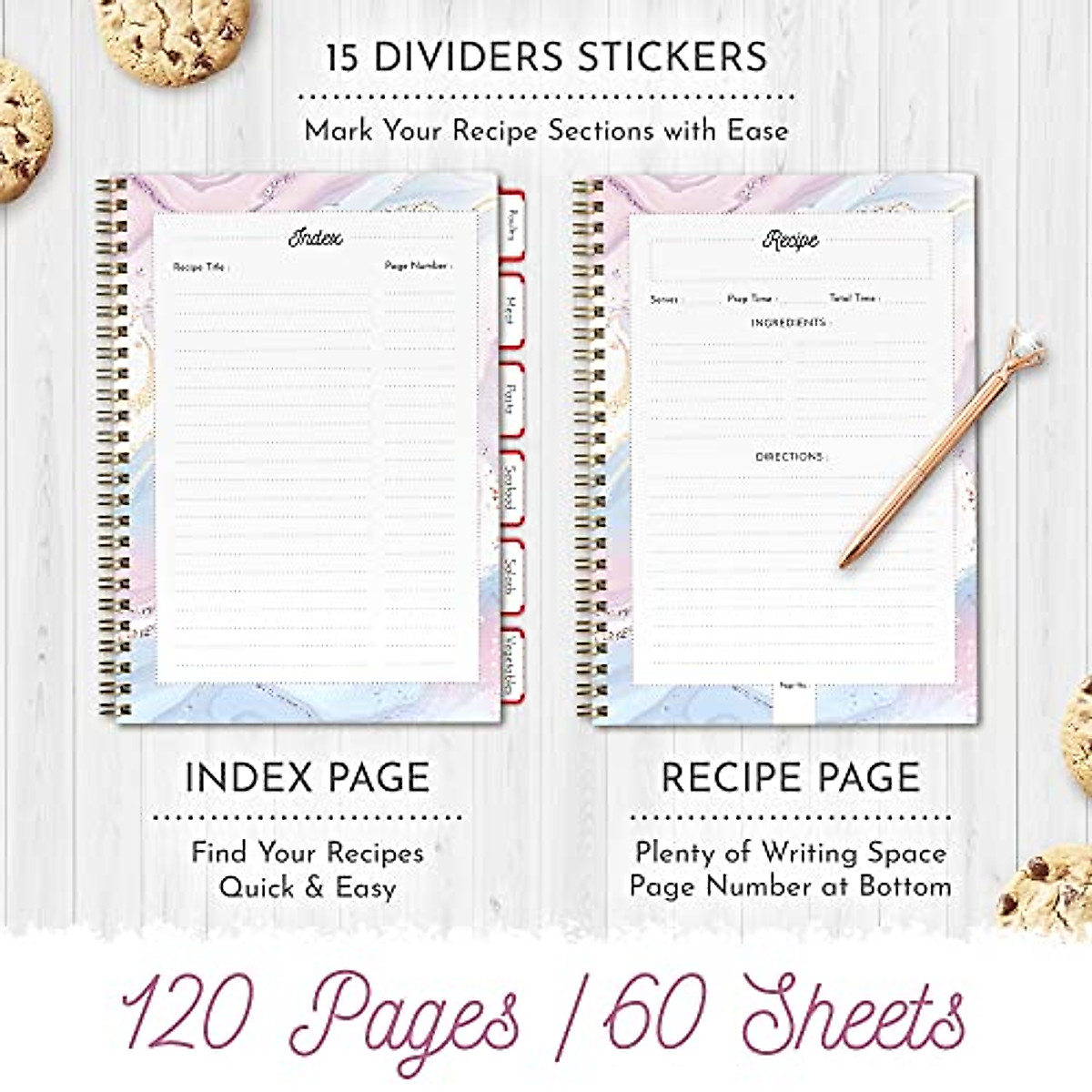 A5 Marble Recipe Book with Diamond Pen, Recipe Book to Write Your Own Recipes Sticker Dividers, Blank Recipe Book with Insides Pockets, Recipe Notebook, Recipe Books, Recipe Journal (Pink)