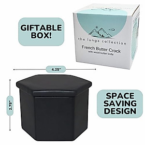 French Butter Crock w/ Lid & Wood Spreading Knife - Matte Black Butter Keeper - Modern Hexagon Shape Butter Keeper - Stoneware French Butter Keeper - Dishwasher, Oven & Microwave Safe Butter Storage