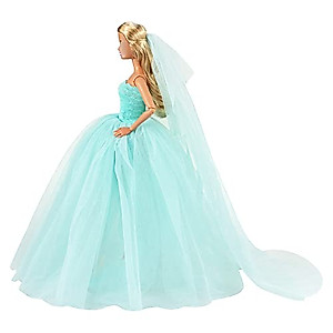 BARWA Light Blue Wedding Dress with Veil Evening Party Princess Light Blue Gown Dress for 11.5 inch Girl Doll